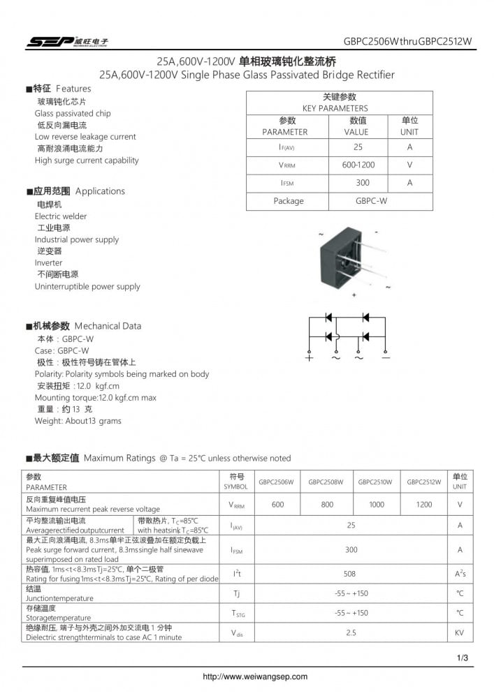SEP GBPC2510W datasheet page 1