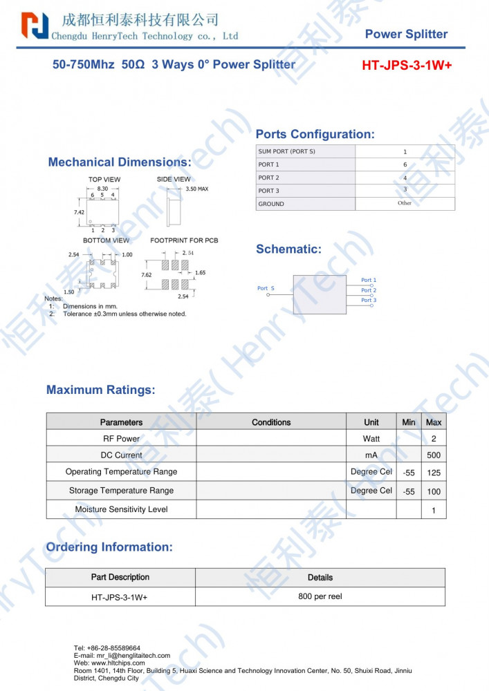 HT-JPS-3-1W+ technical drawing and mechanical information