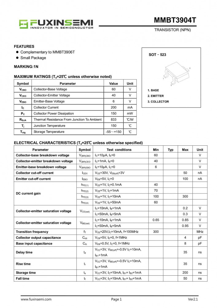 MMBT3904T technical document page 1