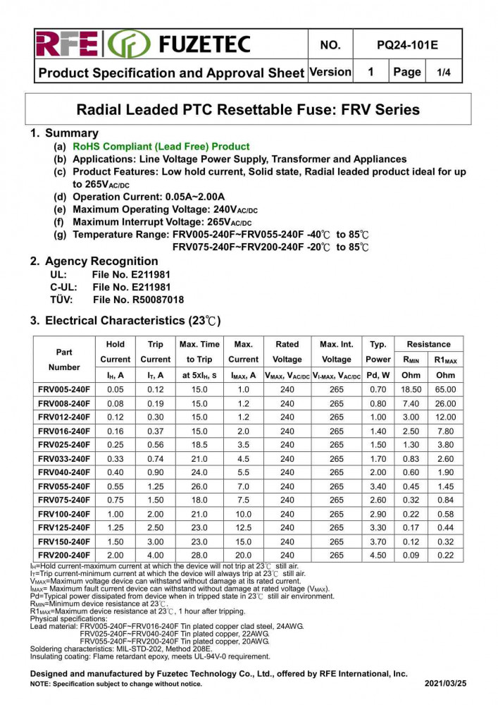 FRV Series specification sheet page 1