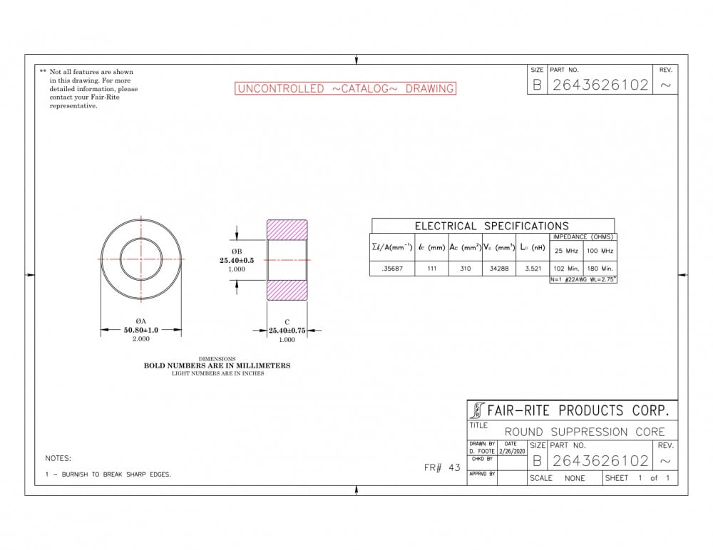 Fair-Rite 2643626102 technical document preview