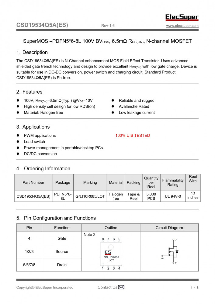 CSD19534Q5A(ES) datasheet page 1