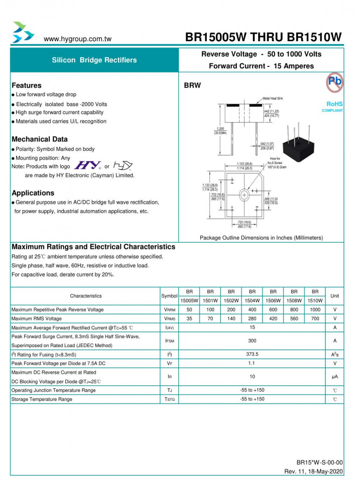 BR1504W datasheet image, page 1