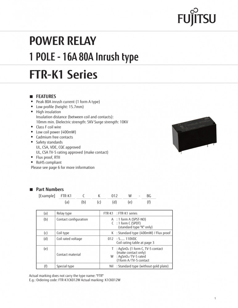 FTR-K1 series datasheet page 1
