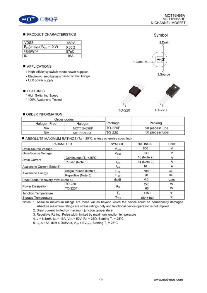 MOT16N65HF datasheet page 1