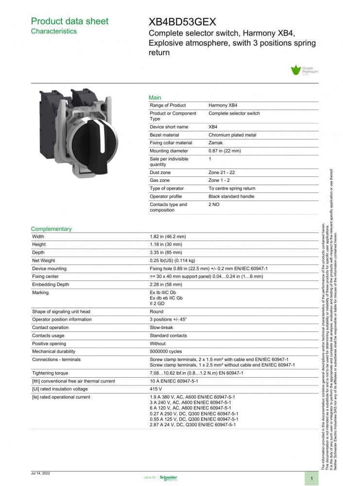 XB4BD53GEX technical document page 1