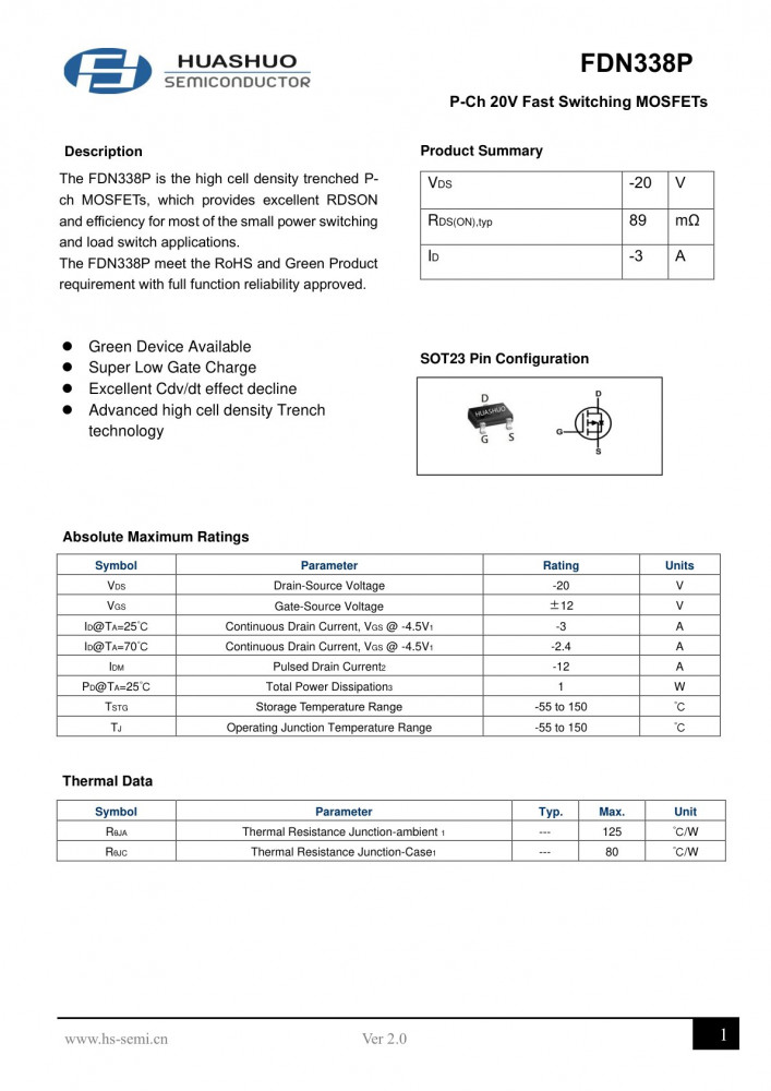 FDN338P datasheet page 1