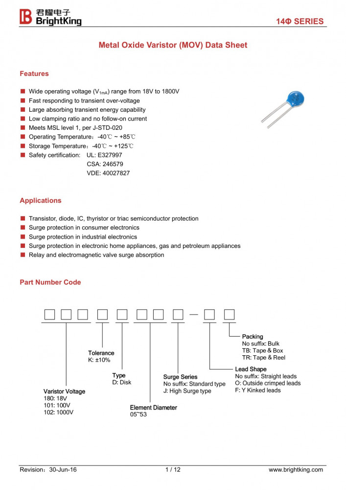 BrightKing MOV datasheet page 1