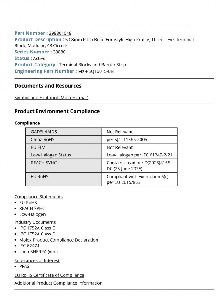 Technical document page 1 for MOLEX 398801048