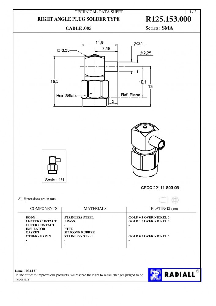 Radiall R125153000 technical datasheet page 1