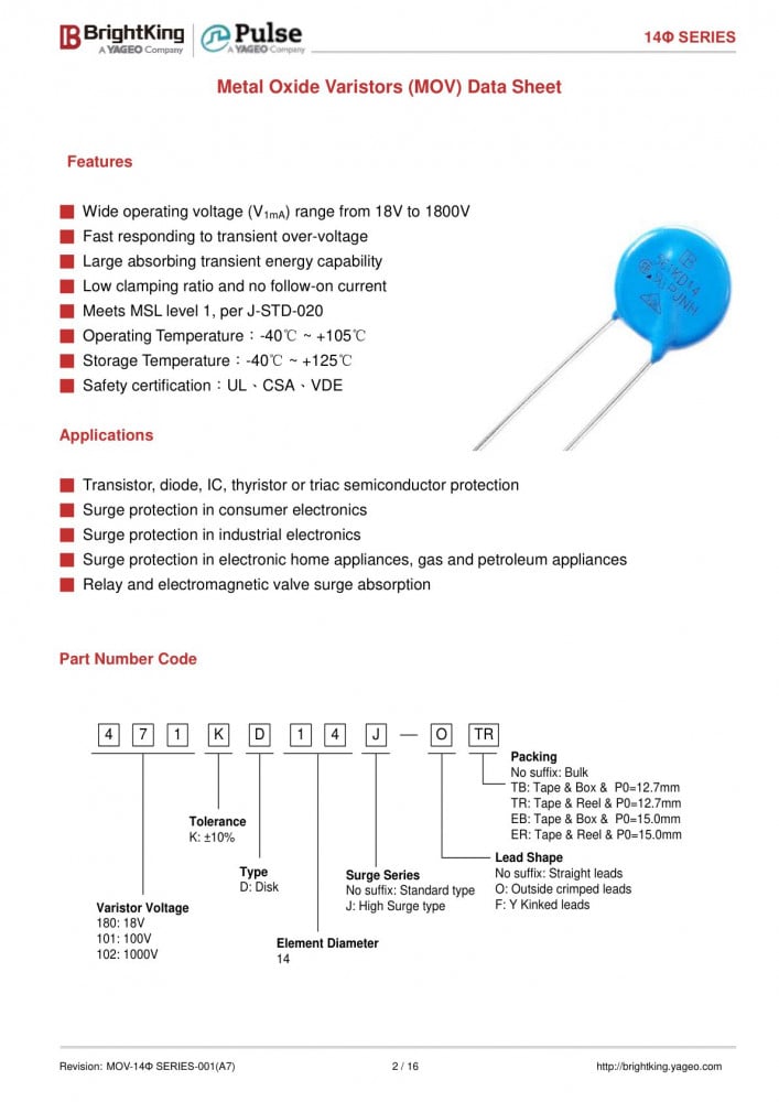 Brightking MOV datasheet page 1