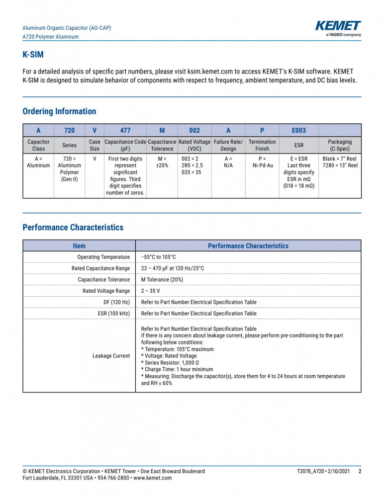 KEMET A720 datasheet page 2