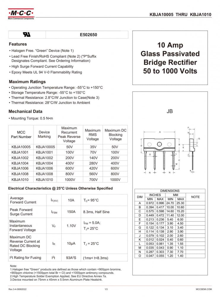 KBJA1001-BP datasheet page 1