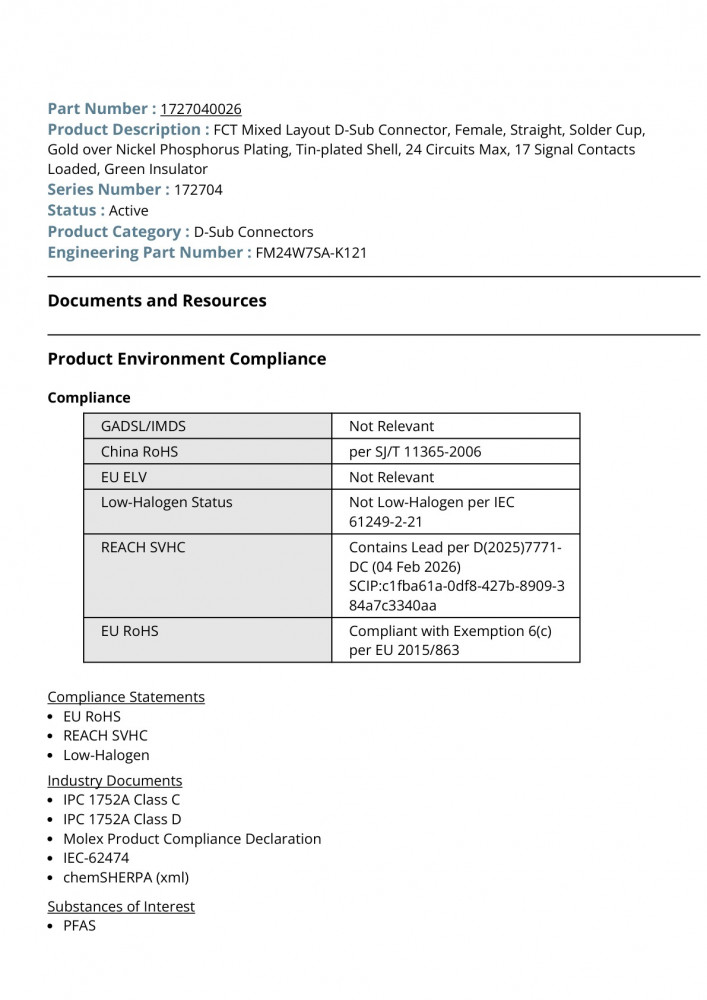 MOLEX 1727040026 technical document page 1