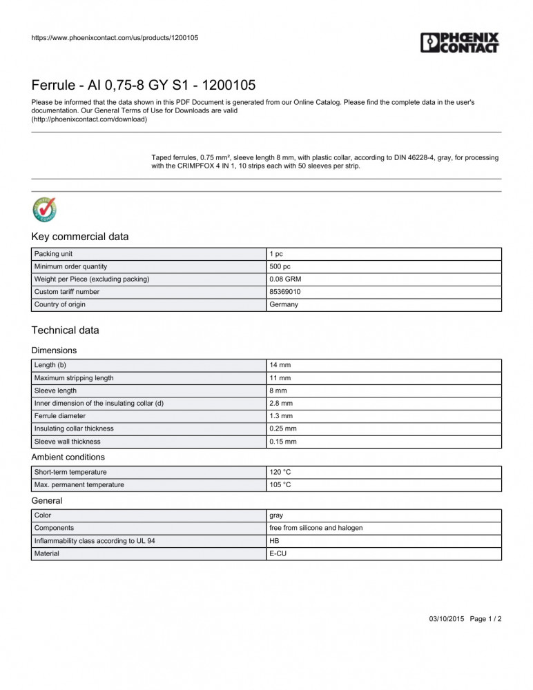 Phoenix Contact 1200105 product document page 1
