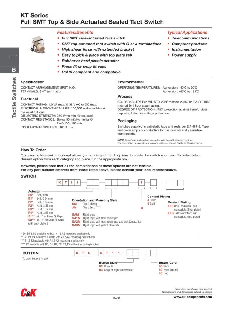 C&K KT11 technical document page 1