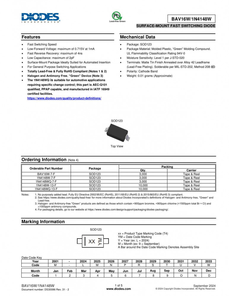 1N4148W-7-F datasheet page 1