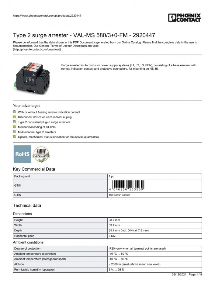 Phoenix Contact 2920447 technical document page 1