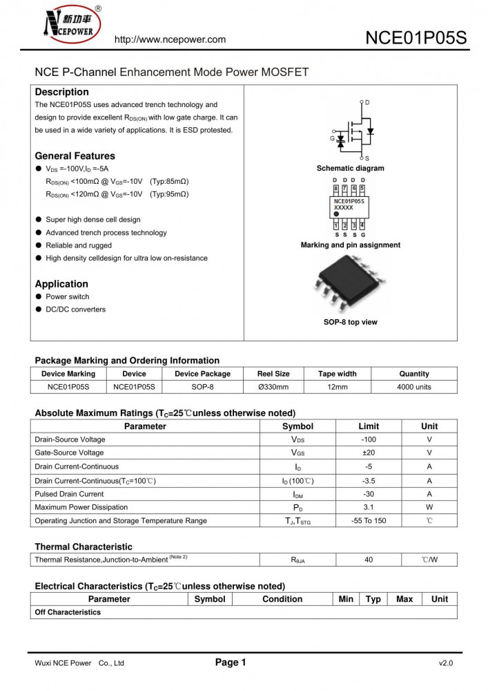 NCE01P05S datasheet page 1