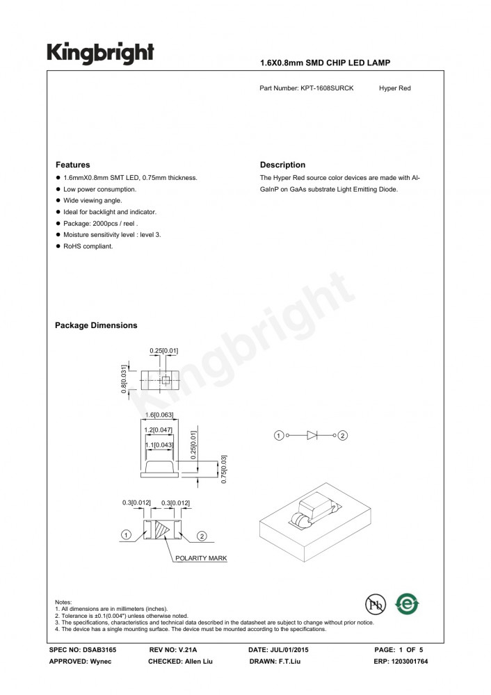 KPT-1608SURCK datasheet page 1