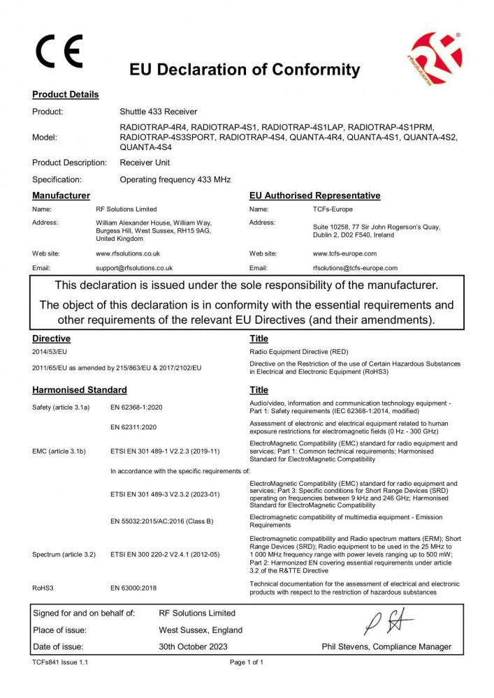 RF Solutions EU Declaration of Conformity page for the Shuttle 433 Receiver family