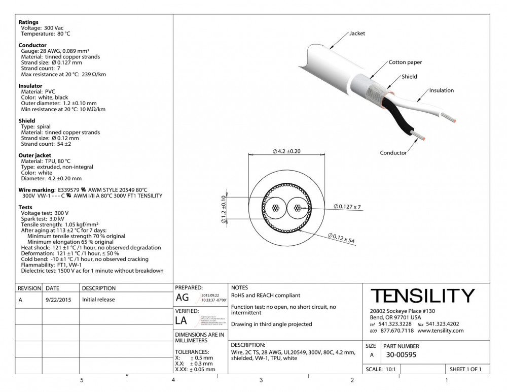 Tensility 30-00595 product drawing, shielded two-conductor cable