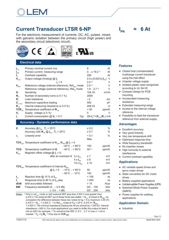 LEM LTSR6-NP technical document page 1