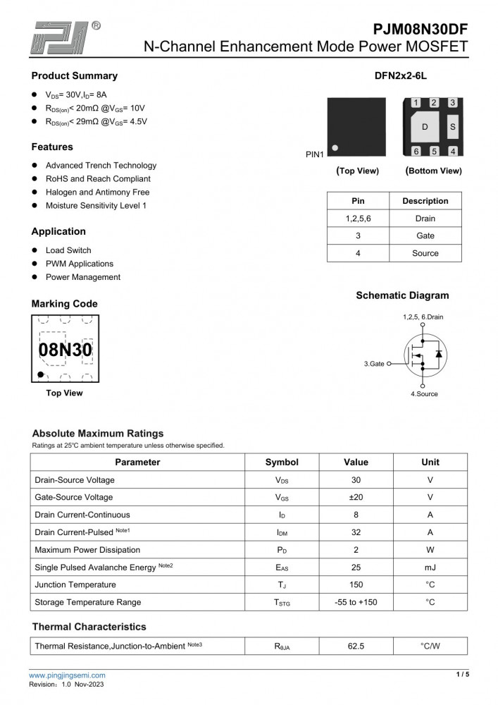 PJM08N30DF technical document page 1