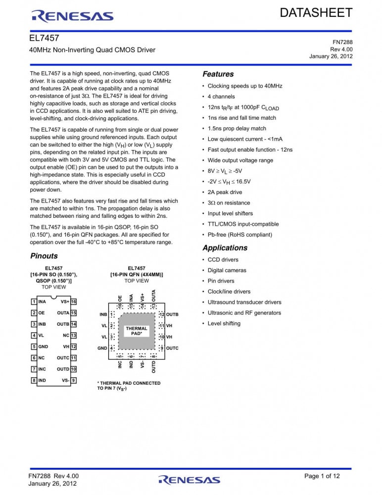 EL7457 datasheet page 1