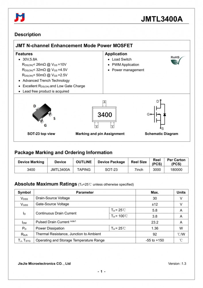 JMTL3400A datasheet page 1