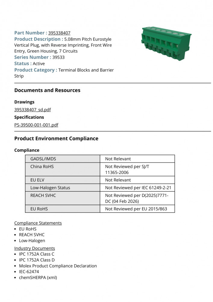 ESE Eurostyle terminal blocks product specification, page 1