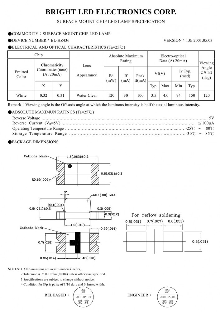 BL-HZ436 product specification page 1