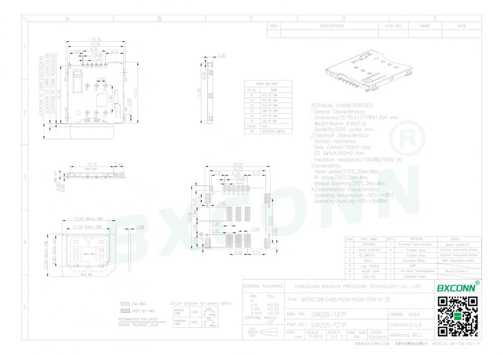 BXCONN SIM205-TZ7P technical drawing page