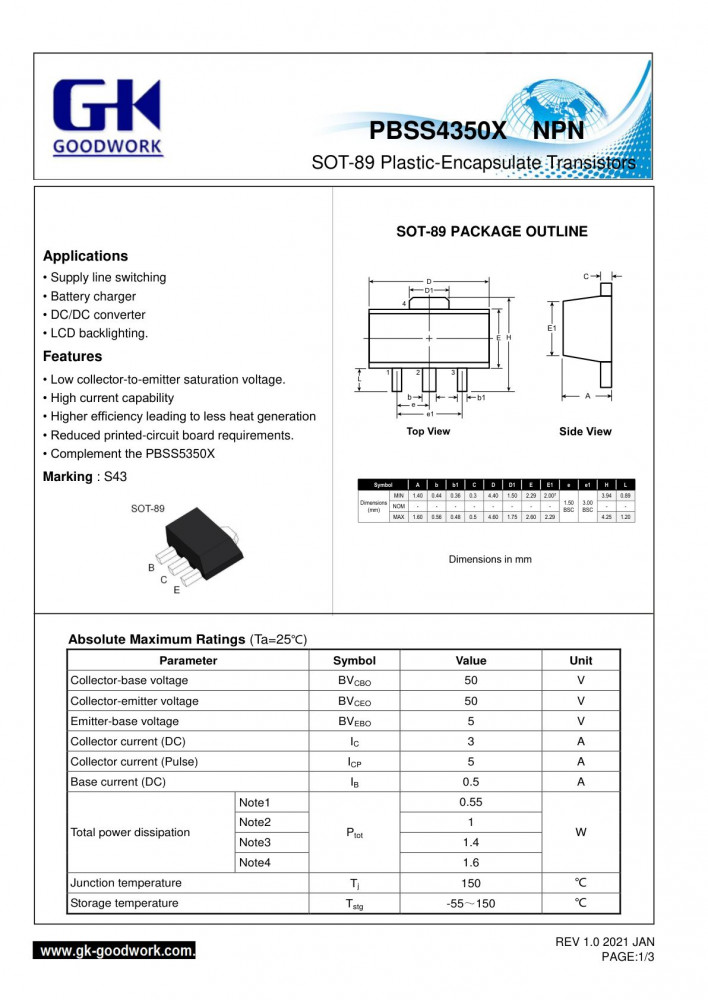 PBSS4350X-GK datasheet page 1