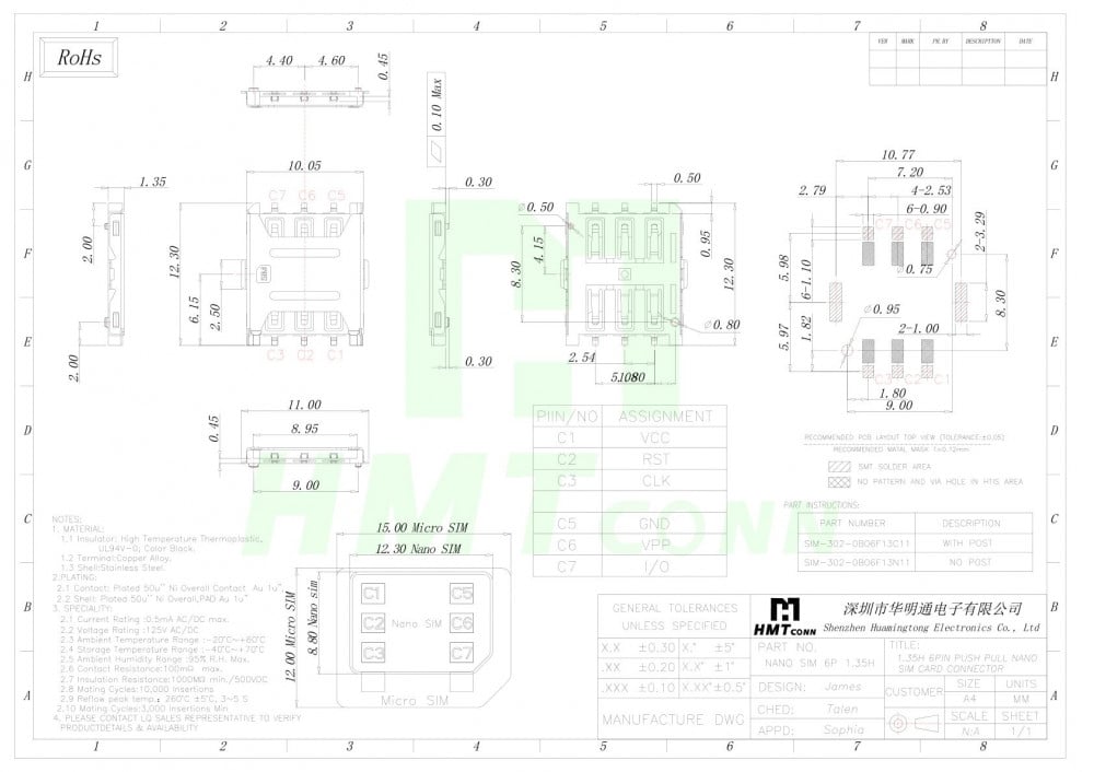 HMTCONN NANO SIM 6P 1.35H technical document page 1