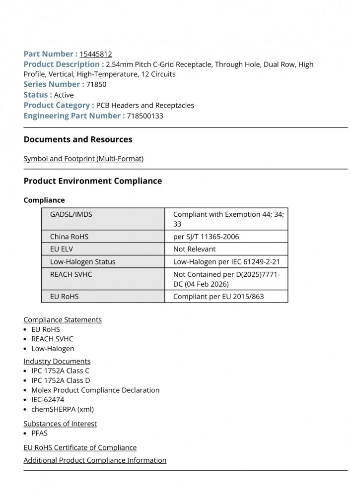 MOLEX 15445812 technical document page 1