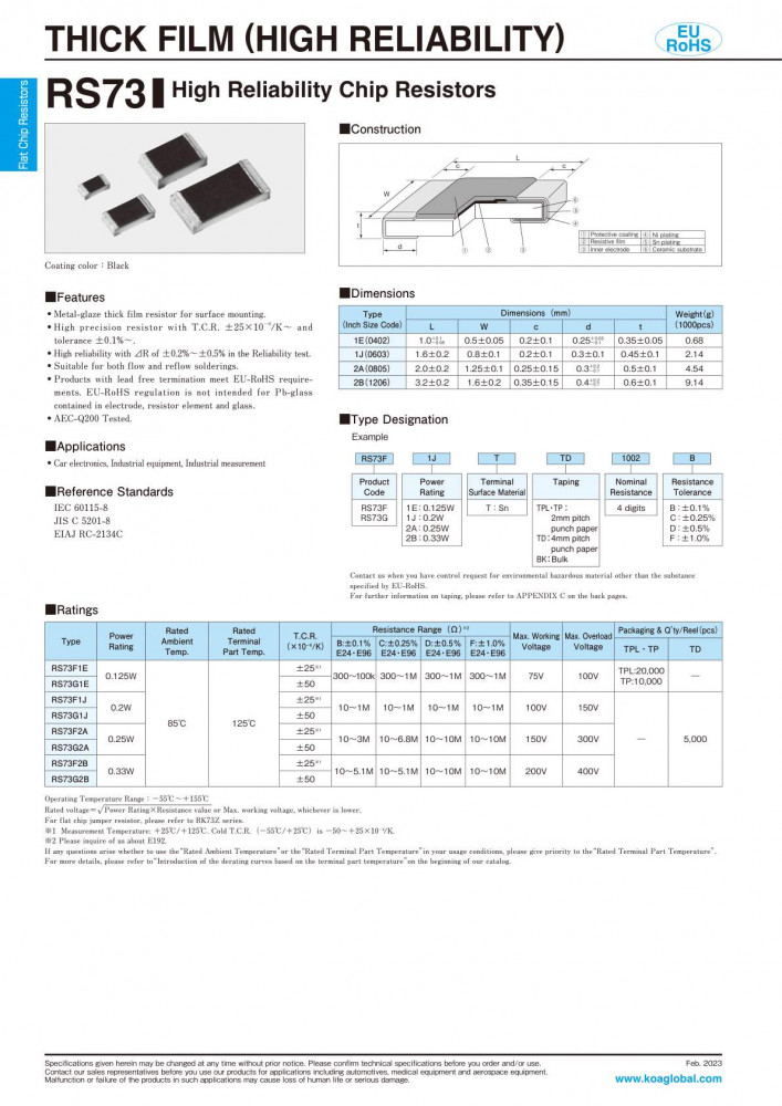 KOA RS73 series datasheet page 1