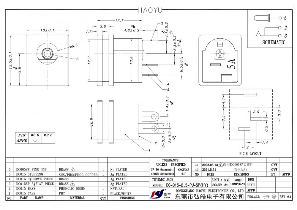 DC-015-2.5-PU-SP(HY) PCB layout and parts