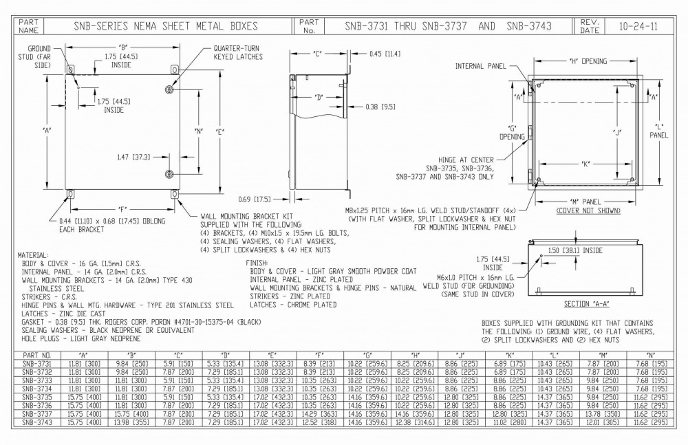 Bud Industries SNB Series sheet-metal enclosure drawing showing SNB-3731 dimensions and construction details