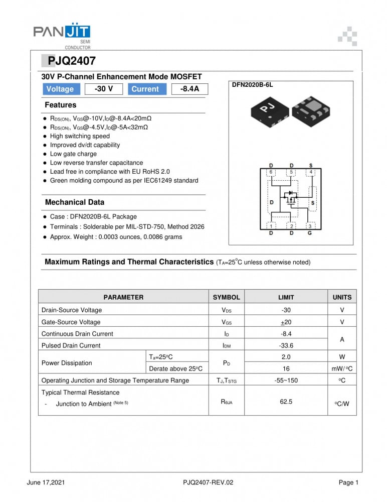 PJQ2407 datasheet page 1
