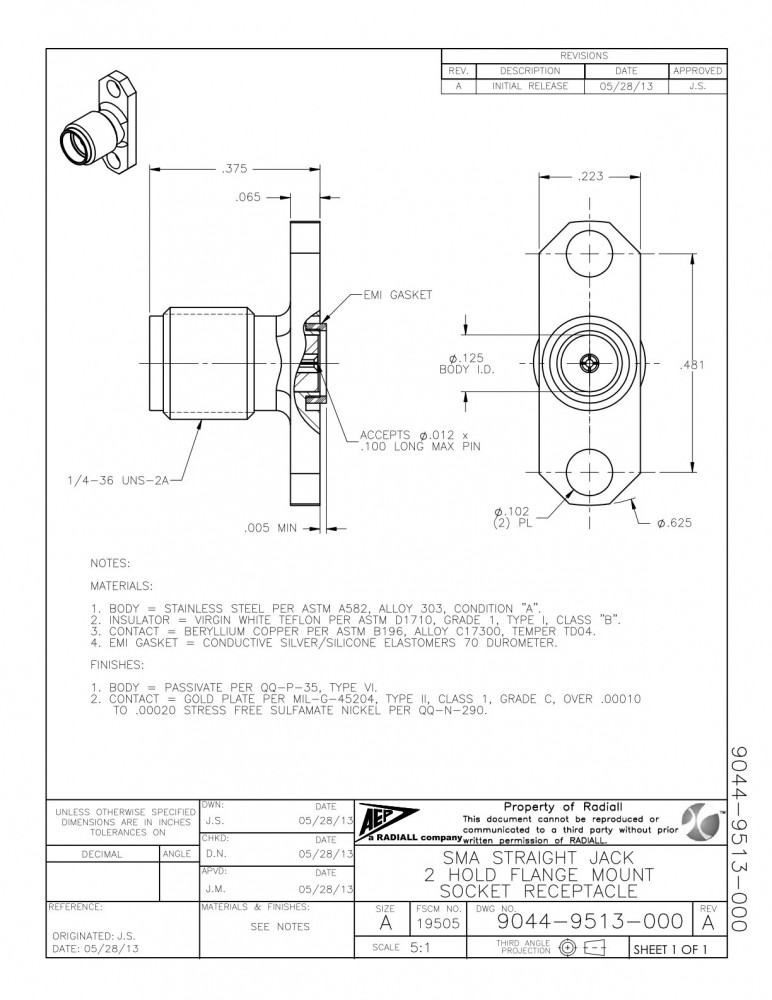 Radiall 9044-9513-000 product drawing preview