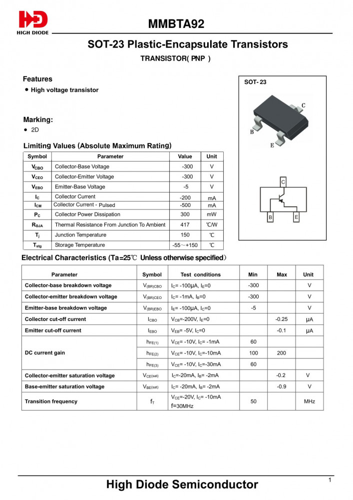 MMBTA92 datasheet page 1