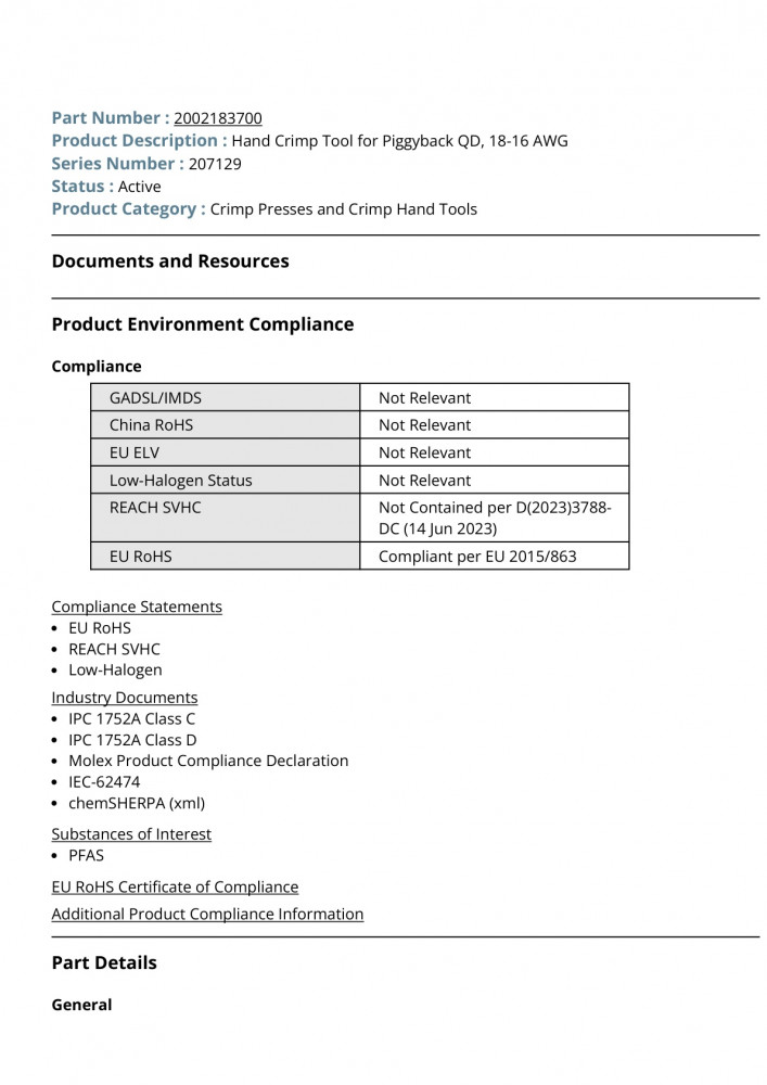 Tooling document image 1 for MOLEX 2002183700