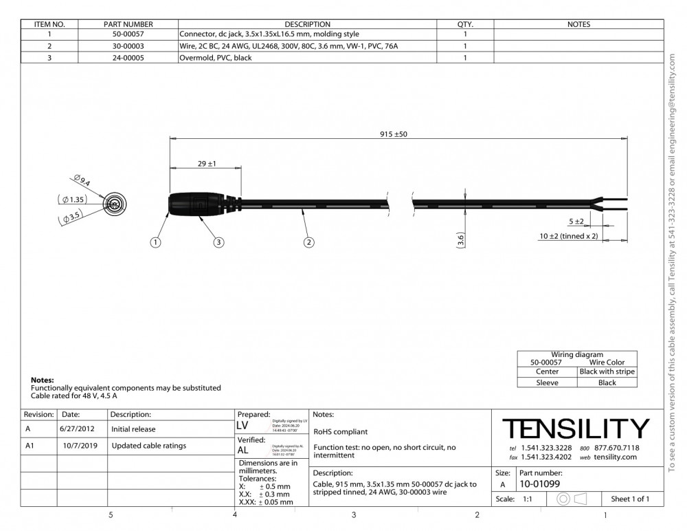 Tensility International 10-01099 cable assembly drawing