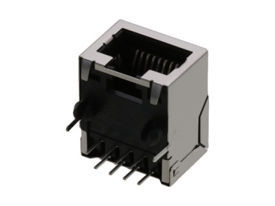 Modular Jack, Right-Angle, Low Profile, Shielded, All Panel Grounding Tabs, with Bottom Grounding Tab, Front Position PCB Ground Tab, 8/8