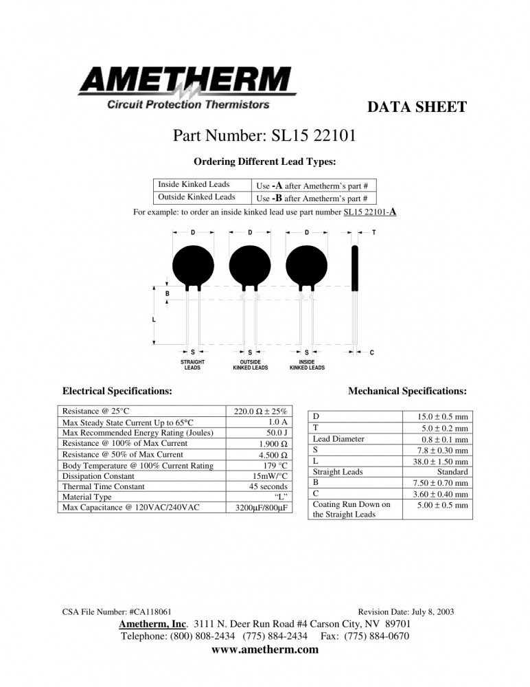 Ametherm SL15 22101 technical document preview