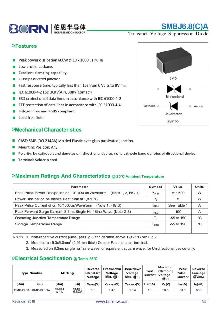 SMBJ6.8A datasheet page 1