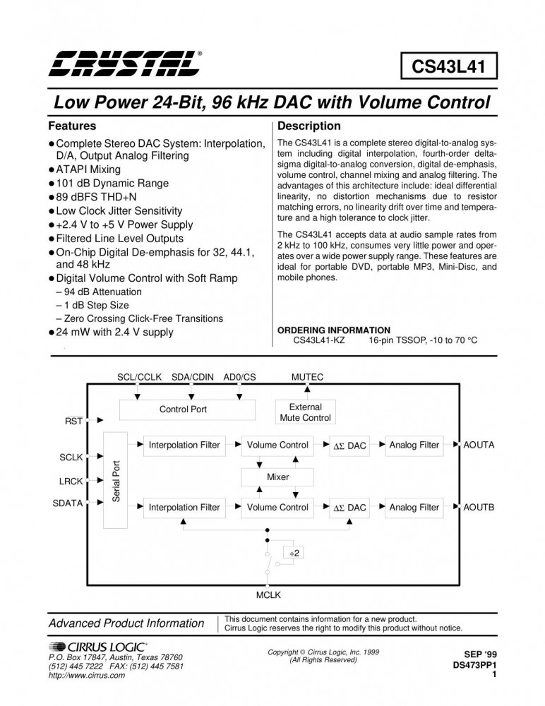 CS43L41-KZ datasheet page 1
