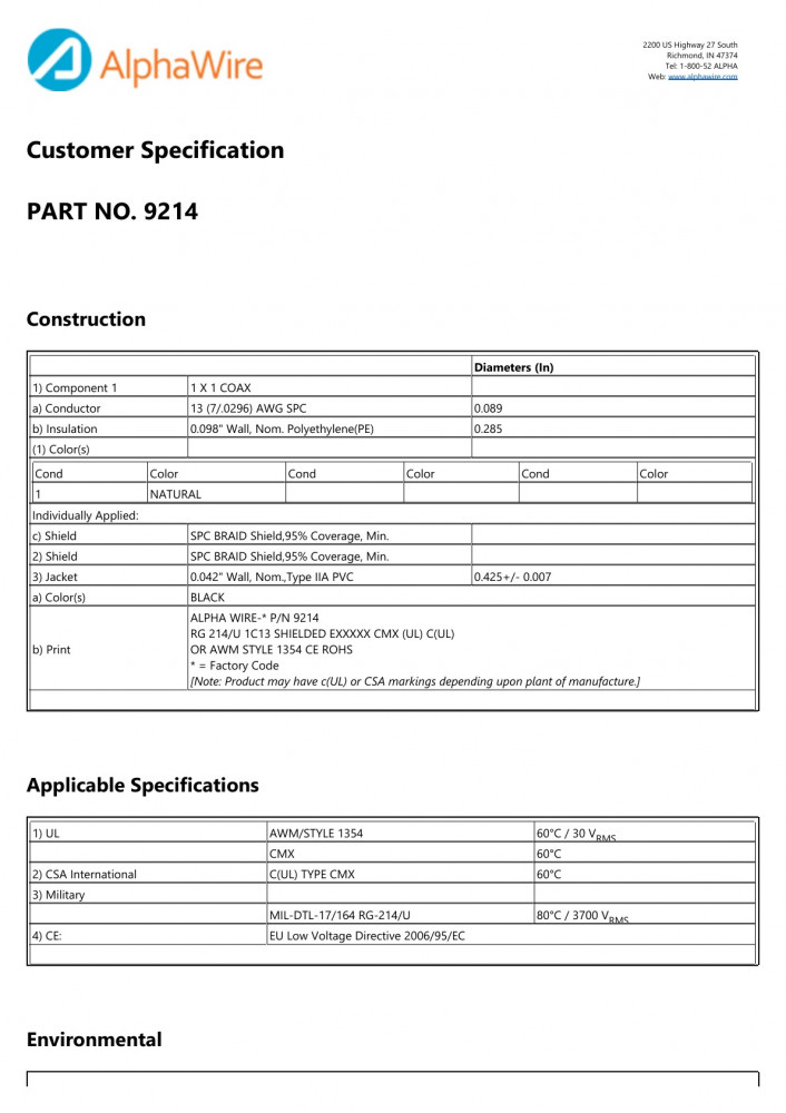Alpha Wire 9214 BK002 technical document page 1