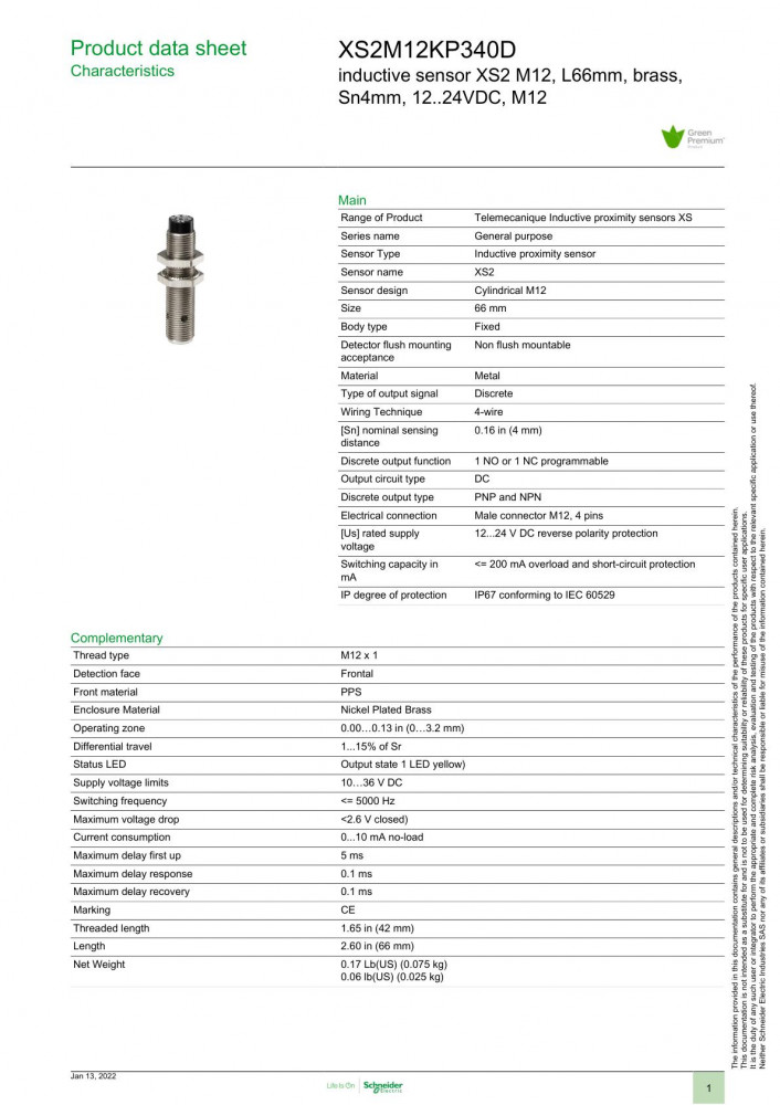XS2M12KP340D technical document page 1